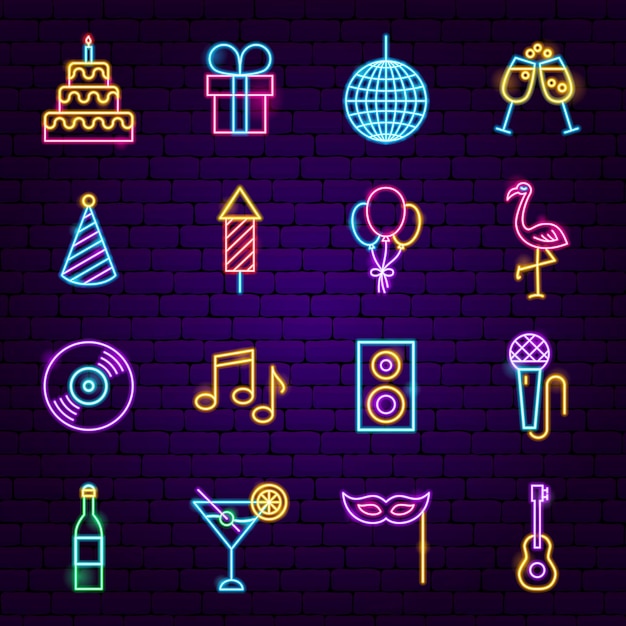 Vibrant Neon Party Icons Celebrating Joy and Festivities | Jiffy Designs