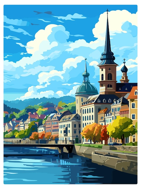 Charming Riverside Town with Ornate Architecture and Cloudy Skies ...