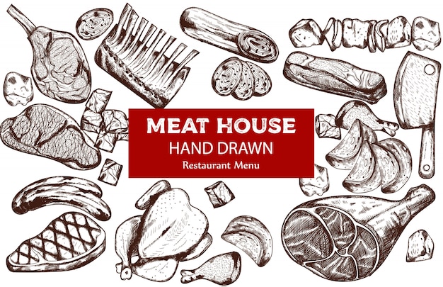 Diverse Meat Cuts and Dishes in Rustic Hand-Drawn Style | Jiffy Designs