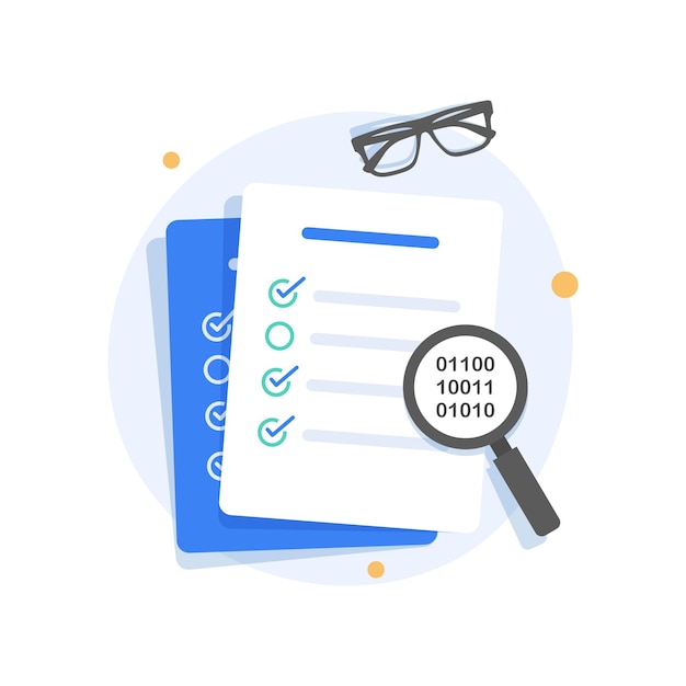 Magnifying Glass Inspecting Checklist with Eyeglasses and Data | Jiffy ...