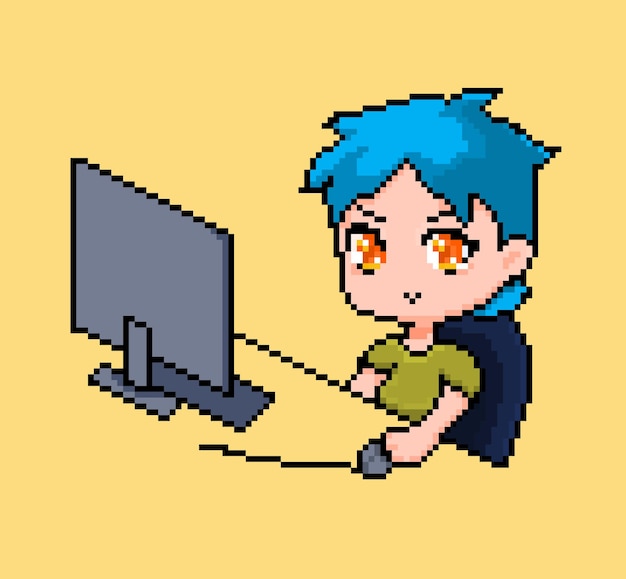 Pixel Art Gamer Intently Focused on Computer Screen | Jiffy Designs