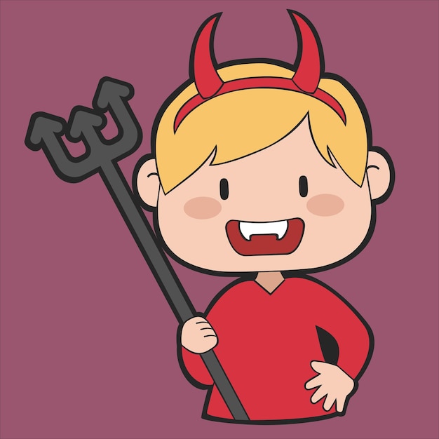 Cheerful Cartoon Devil Boy Holding Pitchfork on Pink | Jiffy Designs