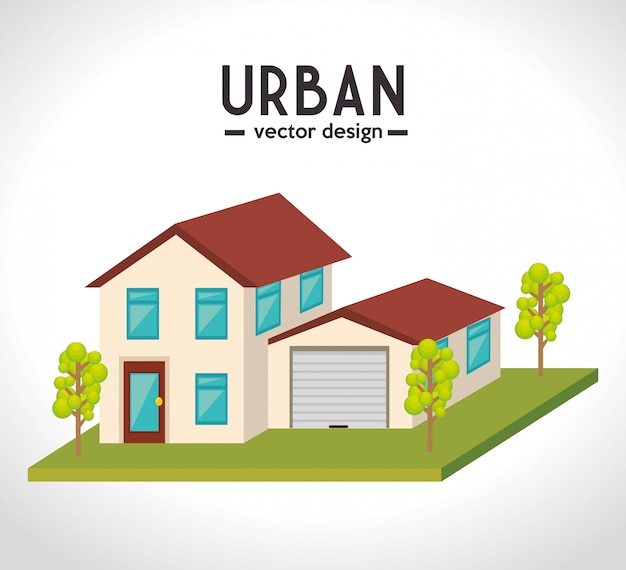 Vibrant Urban Vector House Illustration with Trees and Garage | Jiffy Designs
