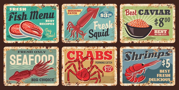 Vintage Seafood Menu Collection with Retro Signage and Illustrations ...