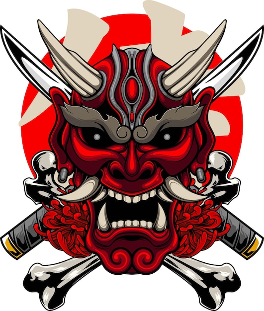 Fearsome Oni Mask with Crossed Blades and Crimson Backdrop | Jiffy Designs