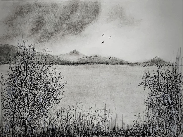 Grayscale Landscape with Mountains, Lake, and Birds in Flight | Jiffy ...