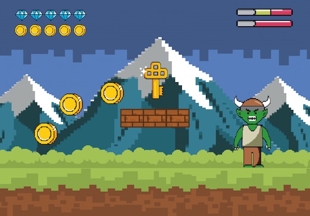 Pixel Platformer Adventure: Coin-Collecting Goblin in Mountainous ...