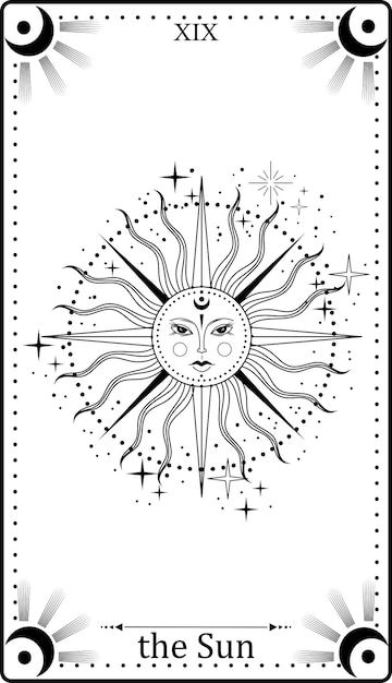 Monochrome Sun Tarot Card with Celestial Motifs and Border | Jiffy Designs