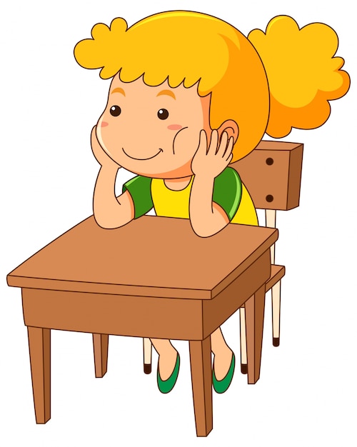Cheerful Girl Student Sitting at Desk Clipart Illustration | Jiffy Designs