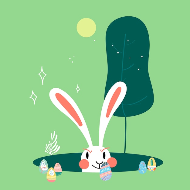 Playful Rabbit Under a Tree at Night Illustration | Jiffy Designs