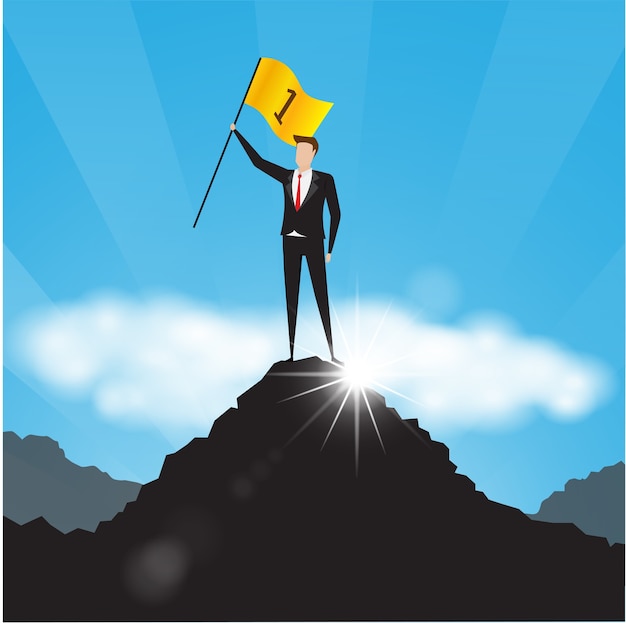 Businessman Waving Flag on Mountain Peak - Success Concept Illustration ...