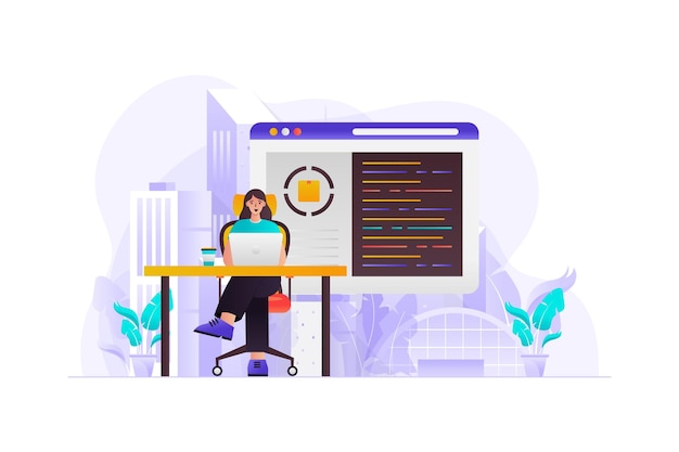 Productive Woman Coding at Desk in Modern Office Setting | Jiffy Designs