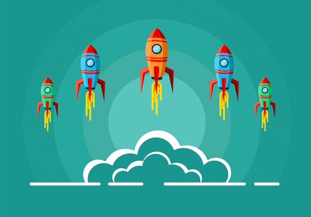 Colorful Rocket Ships Soaring Through Clouds on Teal Sky | Jiffy Designs