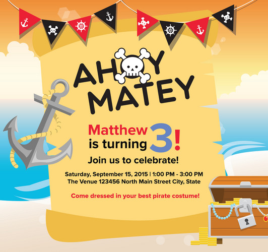Ahoy Matey Pirate Birthday Invitation Card Template | Jiffy Designs