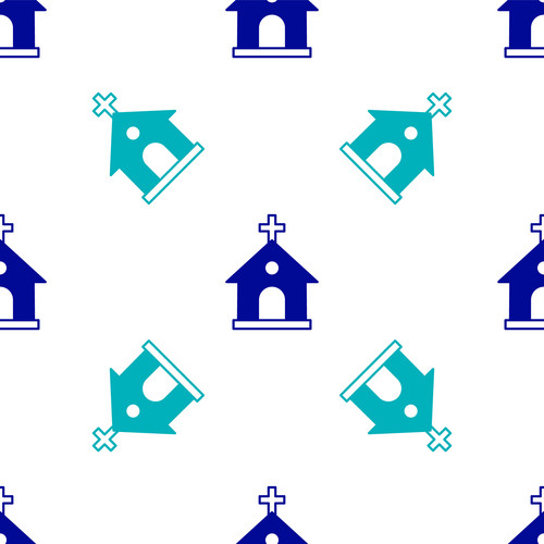 Blue Church Building Icon Isolated Seamless Pattern On White Background ...