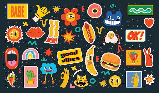 Vibrant Collection of Playful Illustrated Stickers and Icons | Jiffy ...