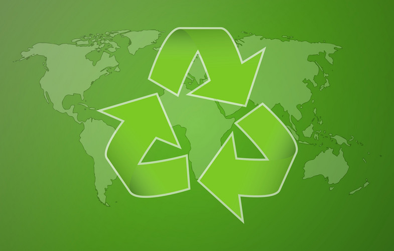 World Map With Symbol Of Recycling On Green Background | Jiffy Designs