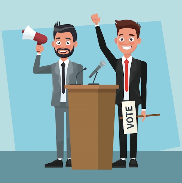 Animated Politicians Campaigning with Microphones and Voting Signs ...