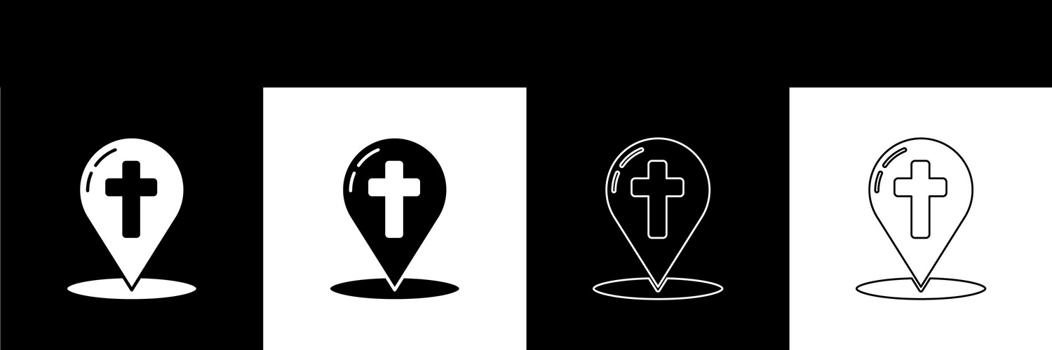 Set Map Pointer With Christian Cross Icon Isolated On Black And White ...