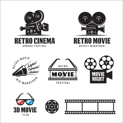 Retro Cinema Labels Badges Emblems And Design Elements Set. 3d Movie ...