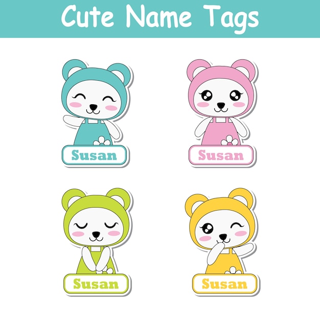 Adorable Cartoon Name Tags with Cuddly Bear Characters | Jiffy Designs