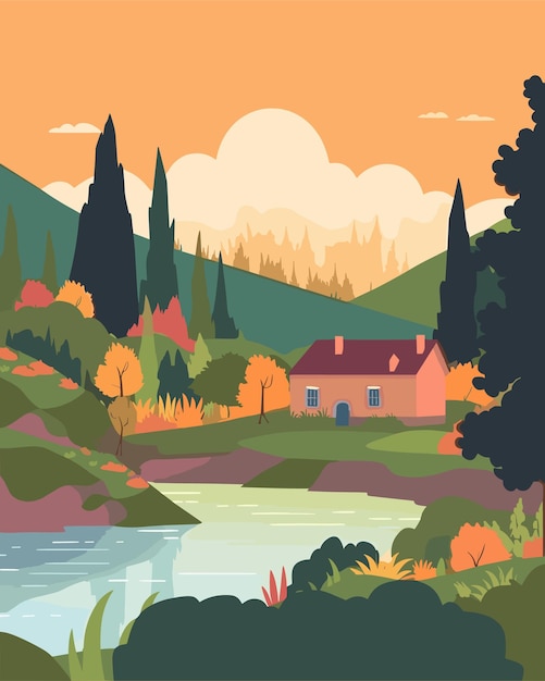 Serene Countryside Landscape with Cozy Cottage and Sunset | Jiffy Designs