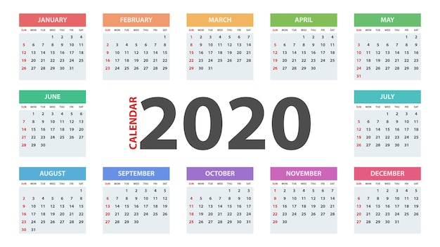 Minimalist 2020 Calendar Design with Colorful Month Headers | Jiffy Designs
