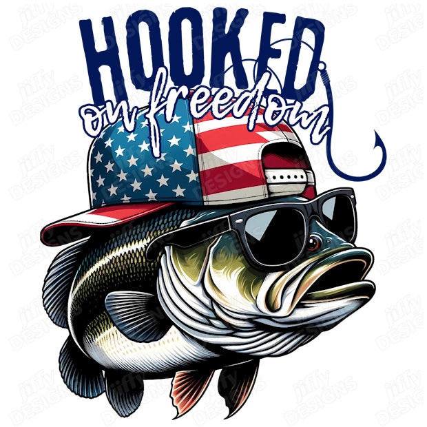 'Hooked On Freedom' Patriotic Fish with American Flag Cap and Sunglasses | Jiffy Designs