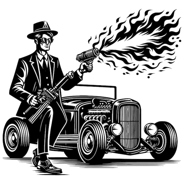 Blazing Hot Rod: Gangster with Flaming Revolver and Classic Ride ...