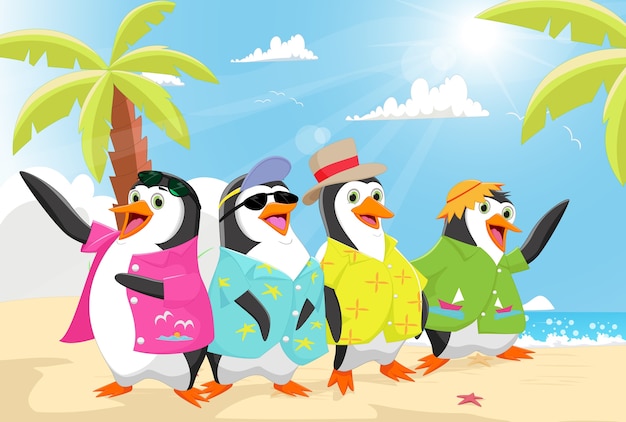 Vibrant Penguin Parade on Tropical Beach Scene | Jiffy Designs