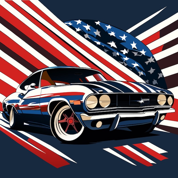 Iconic American Muscle Car on Patriotic Flag Background | Jiffy Designs