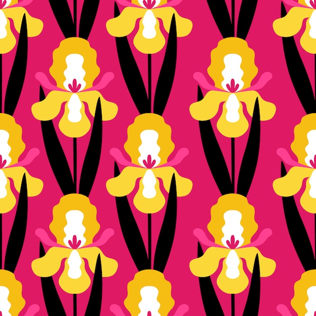 Vibrant floral pattern with stylized yellow iris flowers | Jiffy Designs
