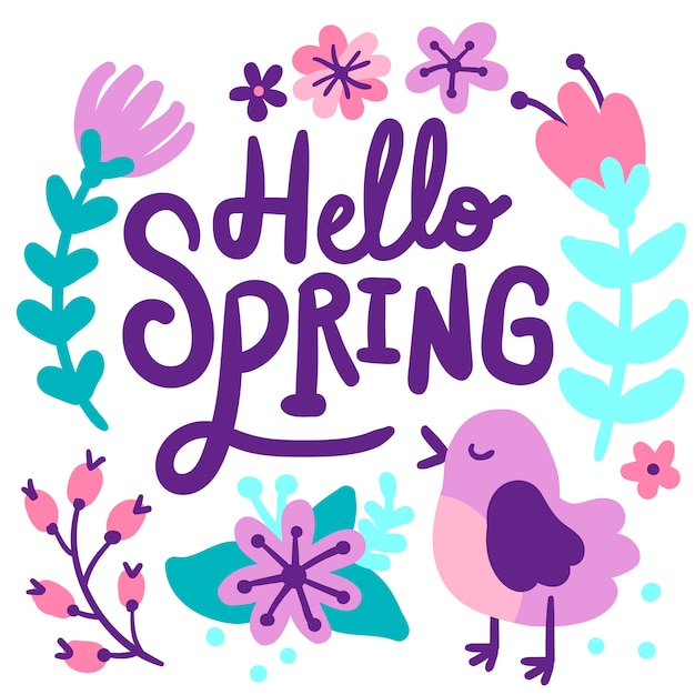 Vibrant 'Hello Spring' Illustration with Flowers and Bird | Jiffy Designs