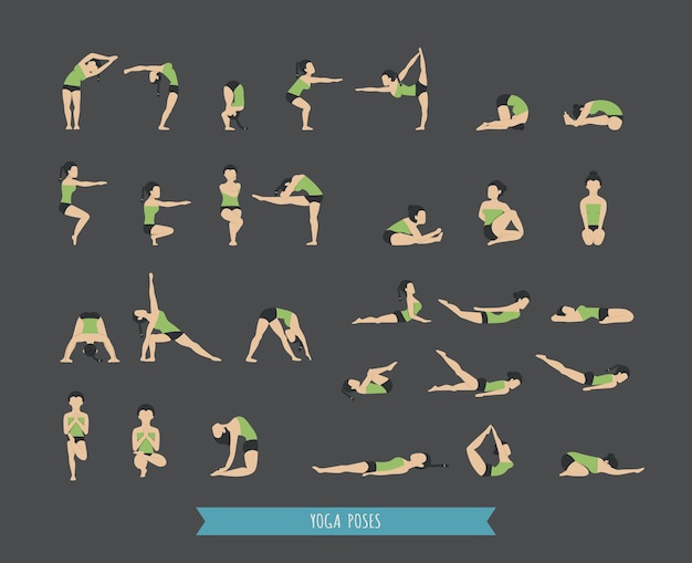 Yoga Pose Illustrations: Diverse Asana Figures on Dark Background ...