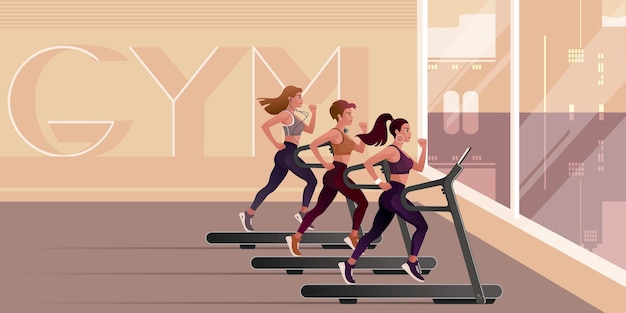 Energetic Fitness Enthusiasts Stride Across Gym Treadmills | Jiffy Designs