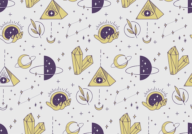 Vibrant Celestial Crystal Motifs and Mystic Symbols Pattern | Jiffy Designs