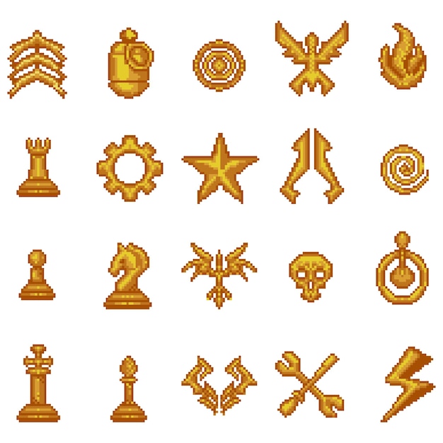 Diverse Collection of Vibrant Golden Pixel Art Icons | Jiffy Designs