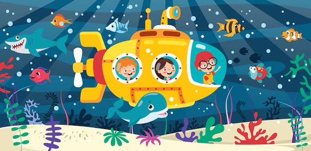 Cheerful Kids Exploring the Underwater World in a Submarine | Jiffy Designs