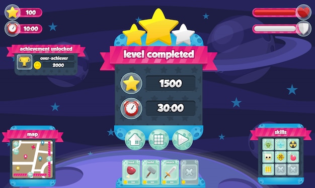 Vibrant Cosmic Game Level Completion Screen with Stats and Icons ...