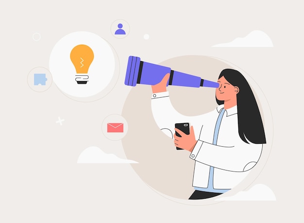 Innovative Woman Exploring New Ideas with Telescope and Lightbulb ...