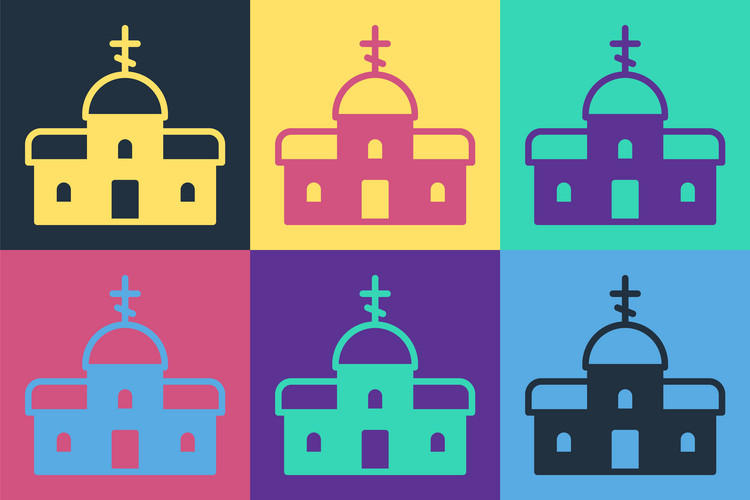 Pop Art Church Building Icon Isolated On Color Background. Christian ...