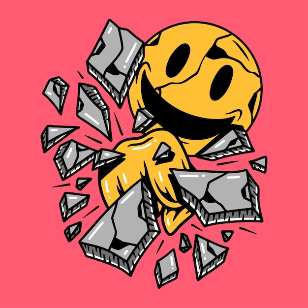 Shattered Smile: Vibrant Retro Smiley Amidst Broken Glass | Jiffy Designs