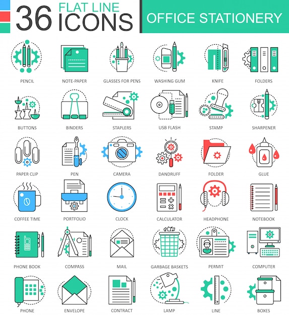 Comprehensive Set of Vibrant Office Stationery Icons in Flat Style ...
