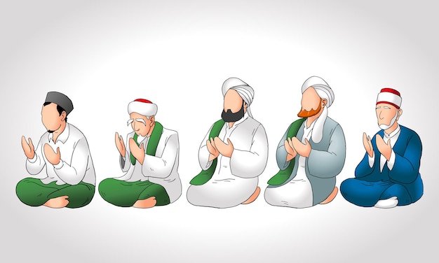 Diverse group of men in traditional Islamic prayer poses | Jiffy Designs