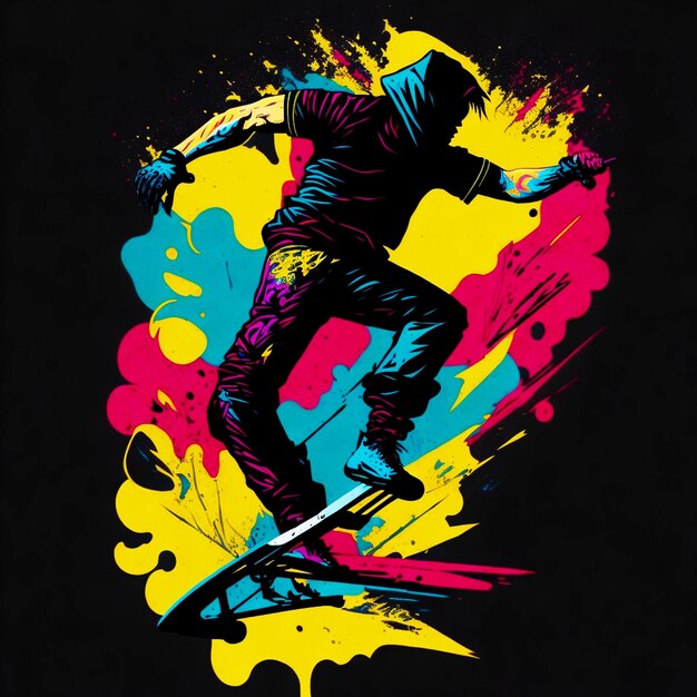 Vibrant Dancer Silhouette Leaping Amidst Colorful Splashes | Jiffy Designs