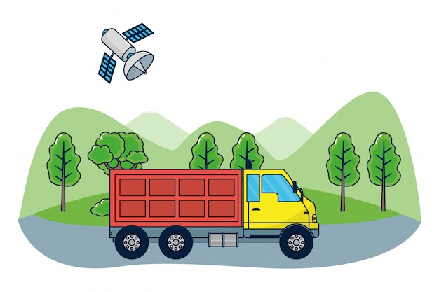 Satellite Monitoring Truck with Scenic Landscape Illustration | Jiffy ...