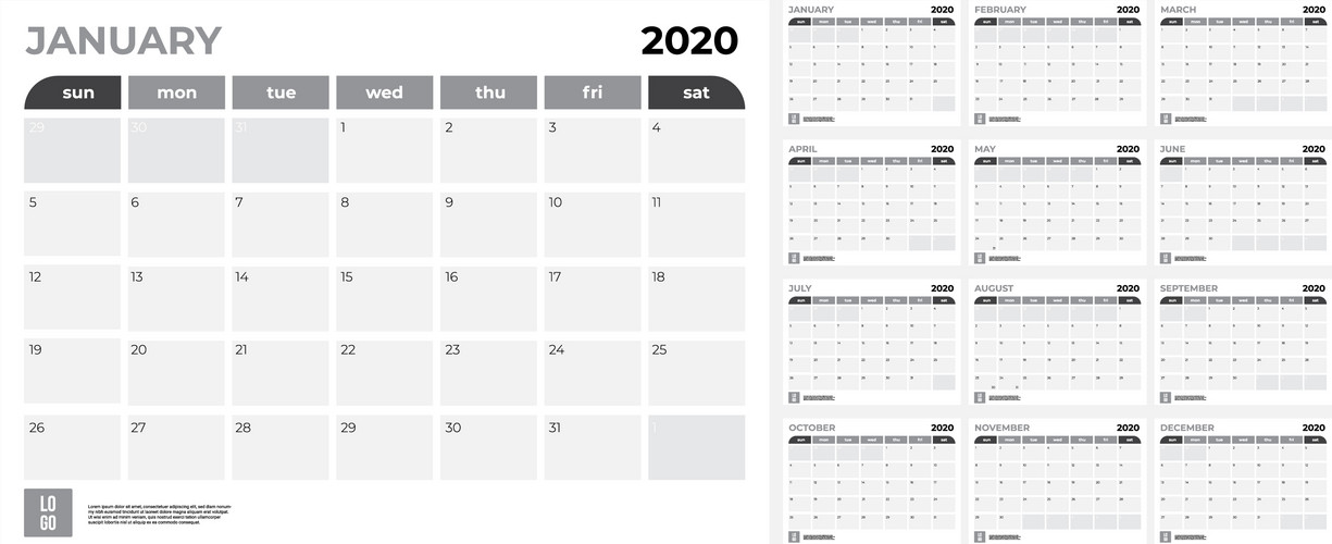 2020 Calendar - Illustration. Template. Mock Up Week Starts Sunday ...