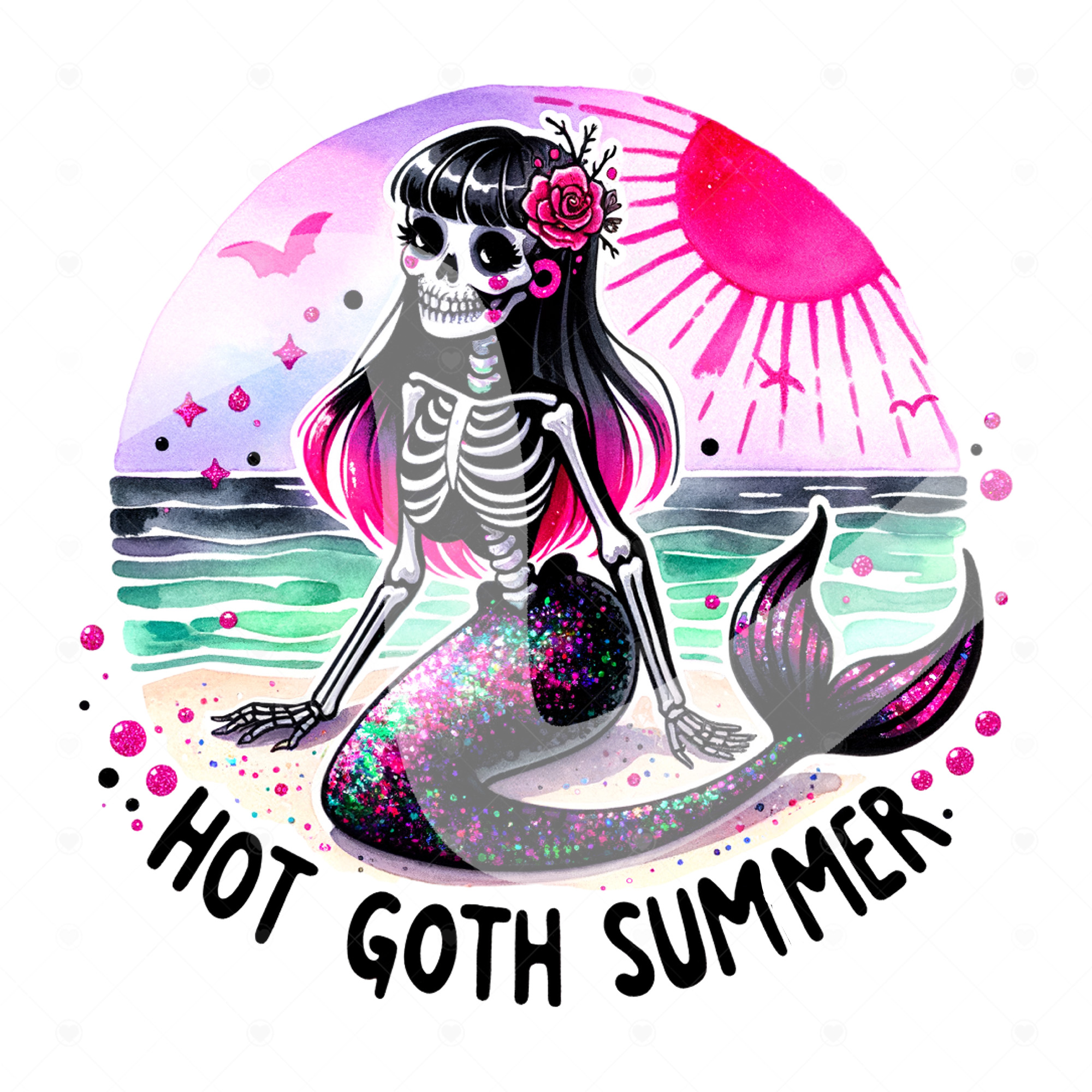 'Hot Goth Summer' Vibrant Skeletal Mermaid in Tropical Sunset Scene ...
