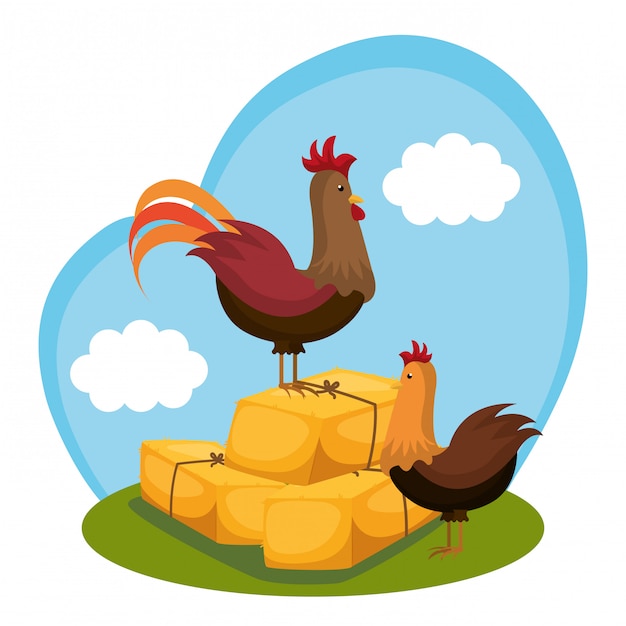 Whimsical Rooster Pair on a Hay Bale Illustration | Jiffy Designs