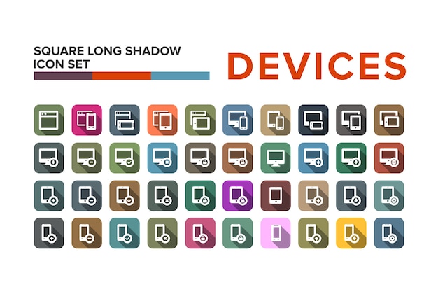 Vibrant Square Long Shadow Devices Icon Collection | Jiffy Designs